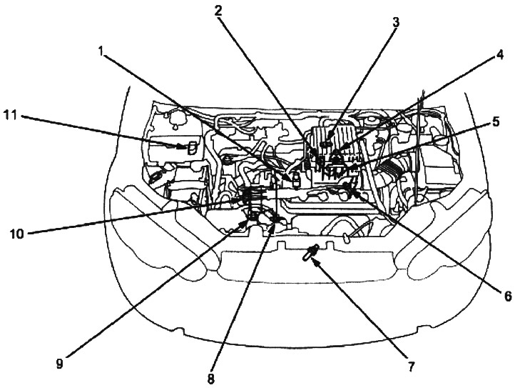 Component arrangement in the engine compartment (Honda HR-V 1, 1998 ...